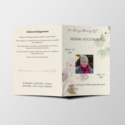 Beige Watercolour Flower Death Announcement Half Page Funeral Program ...