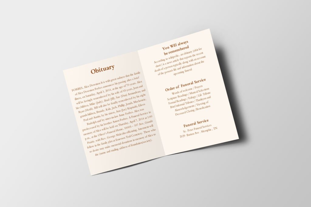 Monochromatic Beige Death Announcement Half Page Funeral Program Template
